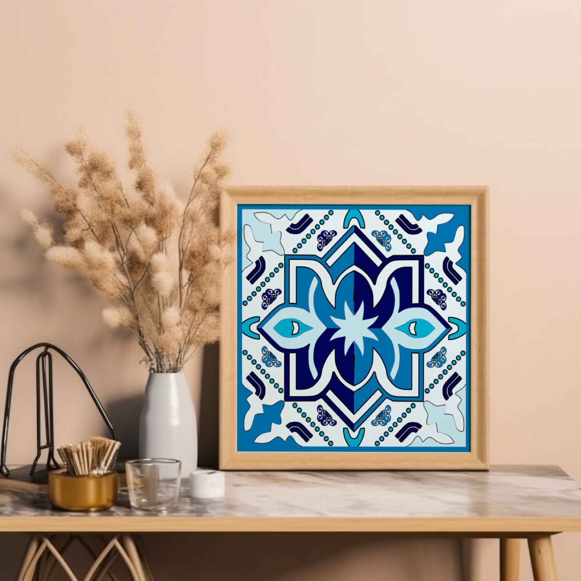 Vintage Blue Tile Wall Poster, Set of 6 Ottoman Style Tiles, Decoration ...