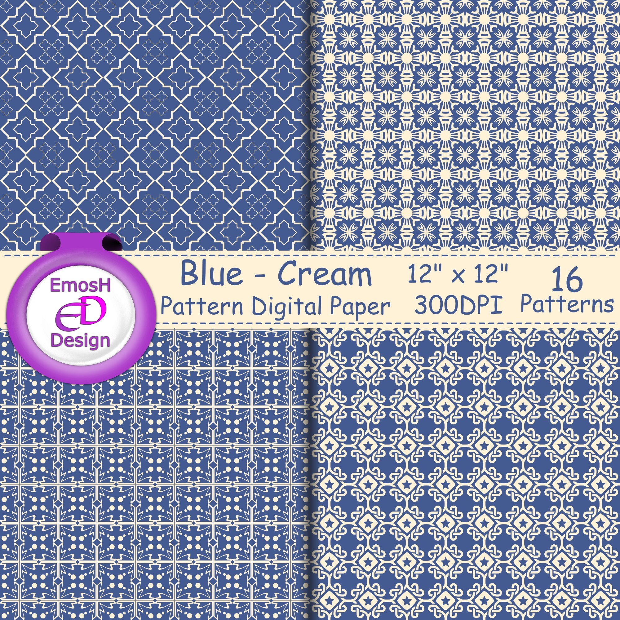 Blue and Cream Pattern Digital Paper, Chevron, Polka Dots, Stripes ...