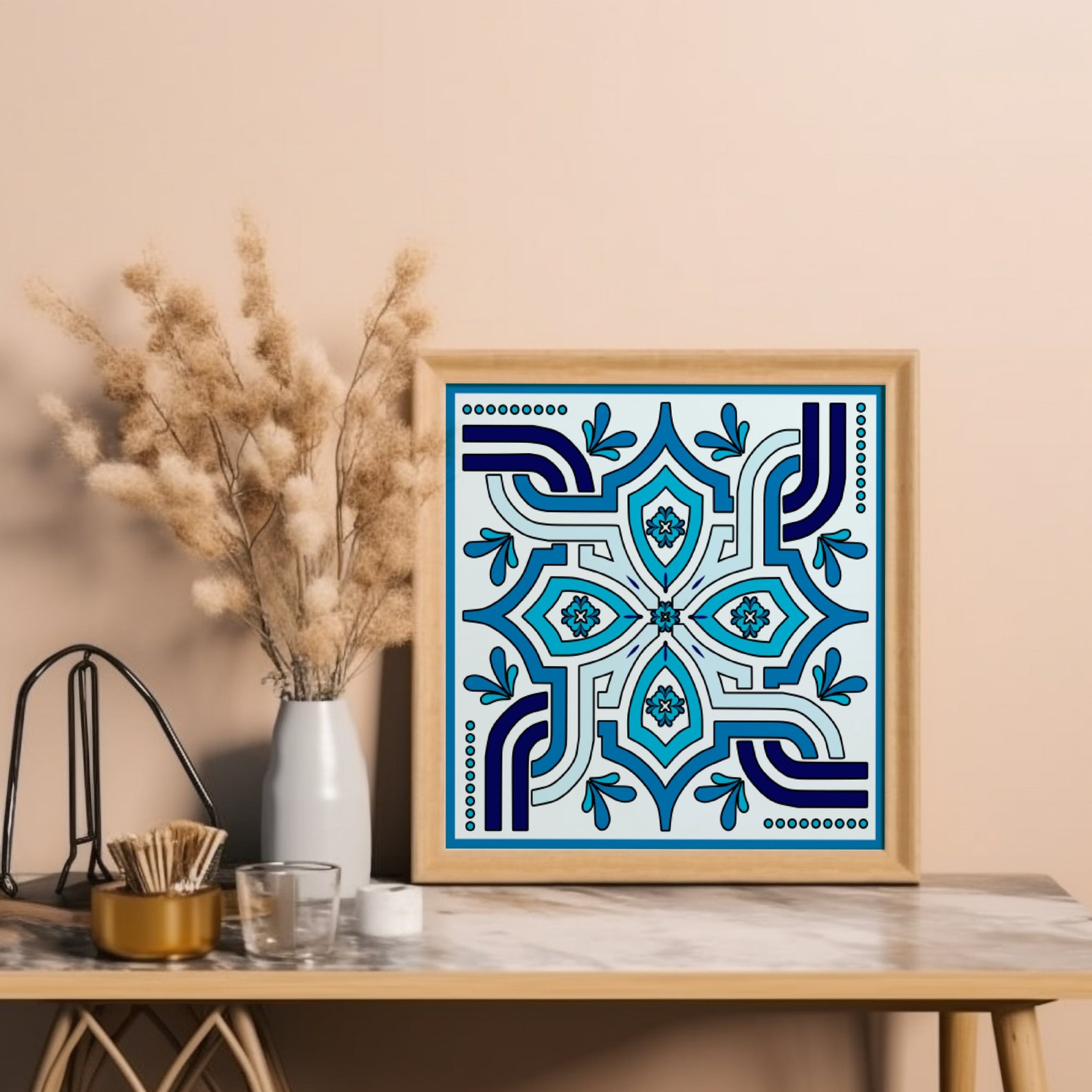 Vintage Blue Tile Wall Poster, Set of 6 Ottoman Style Tiles, Decoration ...