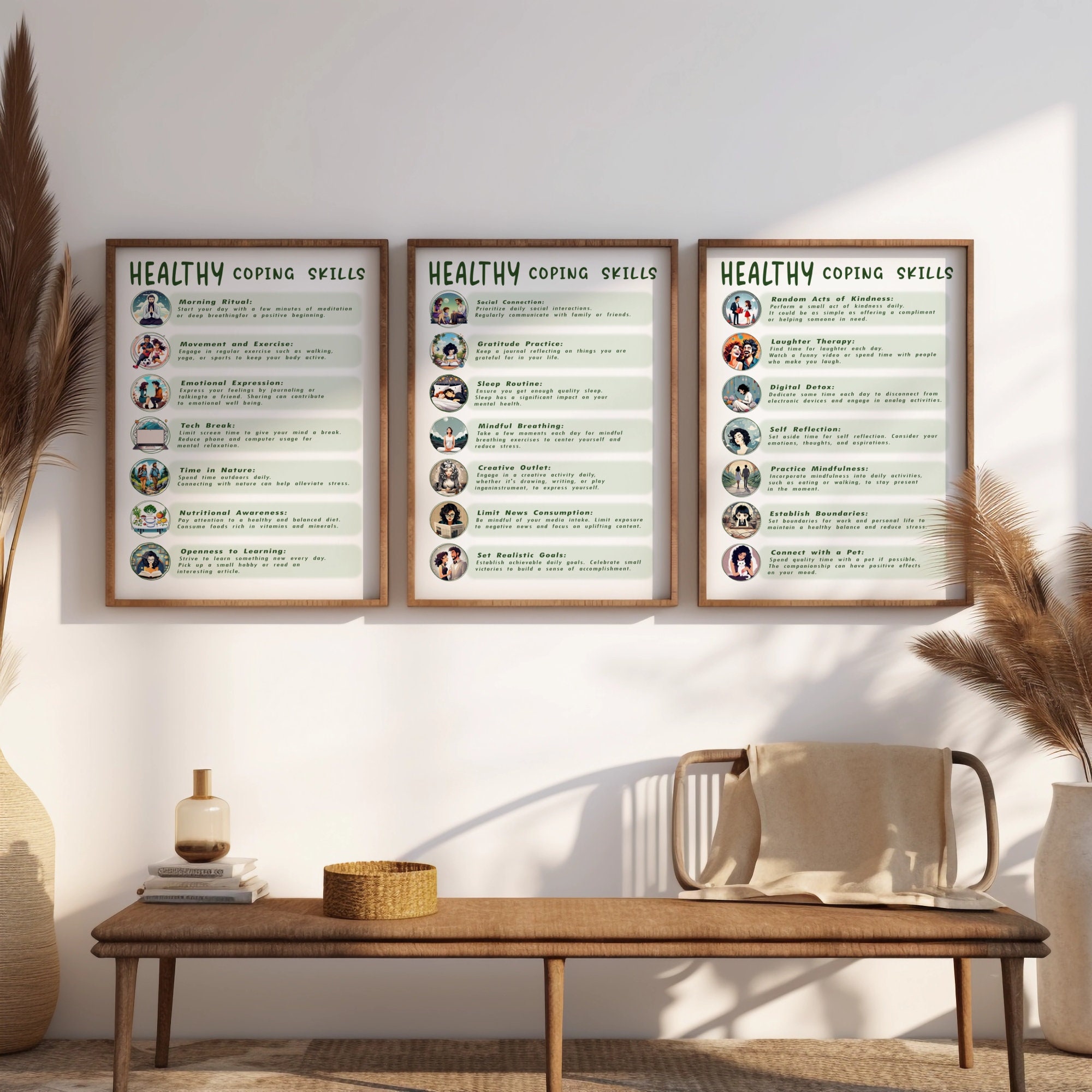 Health Coping Skills Sage Green Poster 3 Set, Therapy Office, Stress ...