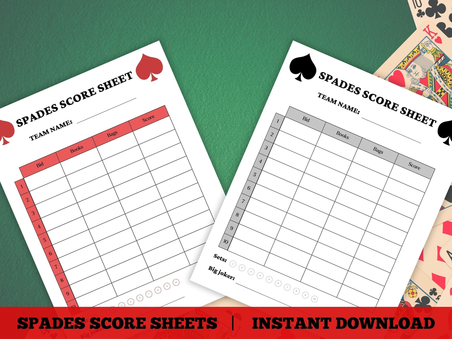 Spades Score Card Printable Spades Score Sheet Spades Game Night ...