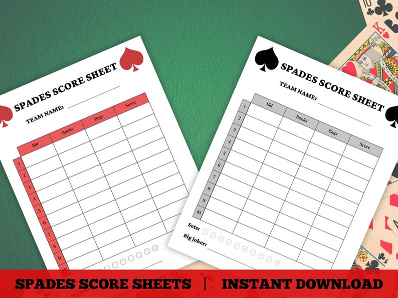 Spades Score Card Printable Spades Score Sheet Spades Game Night ...