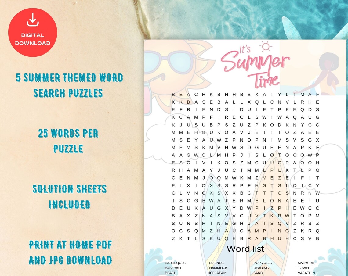 Summer Themed Word Search Printable 5 Word Search Puzzles Summertime ...