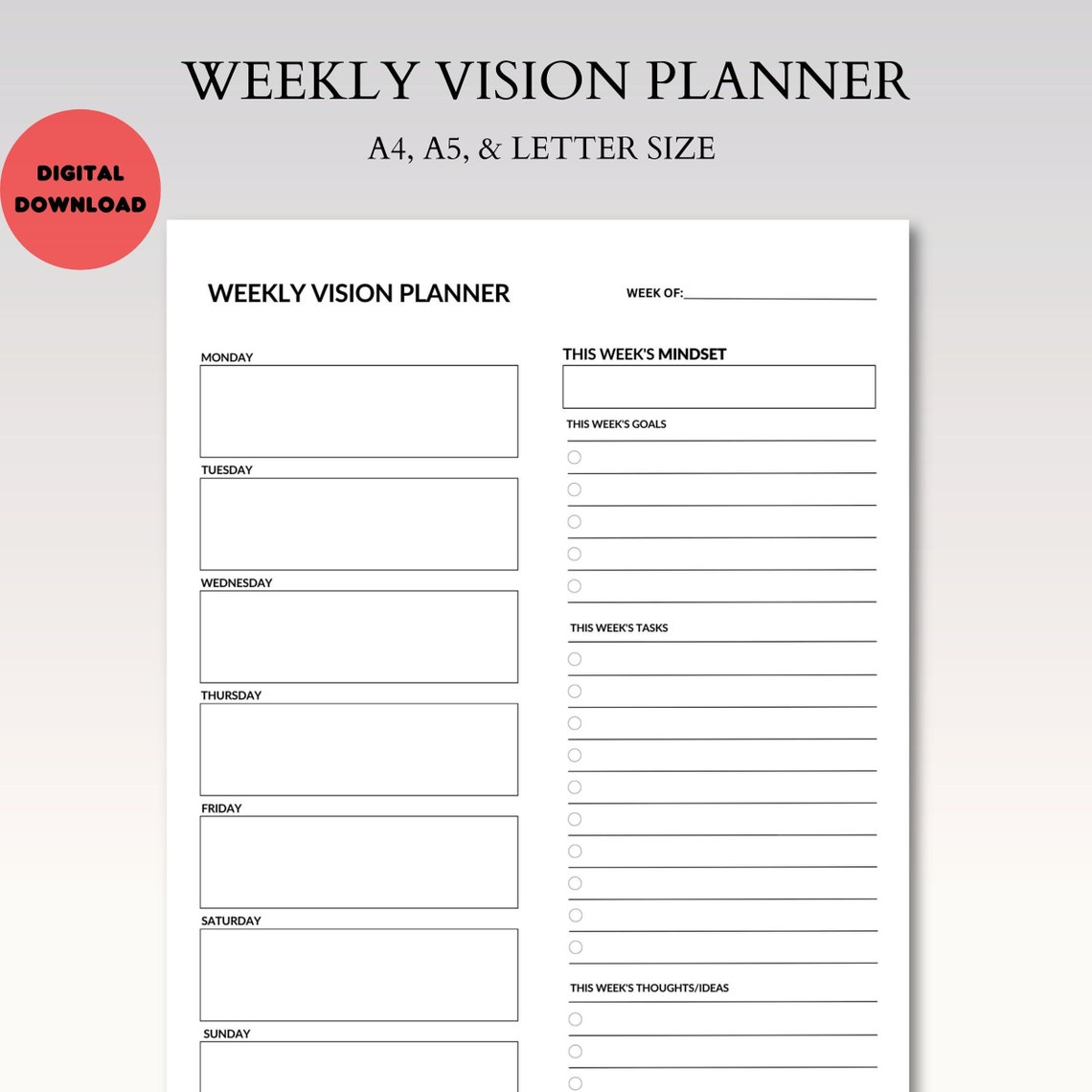 Printable Weekly Planner Weekly Vision Planner Productivity Planner ...