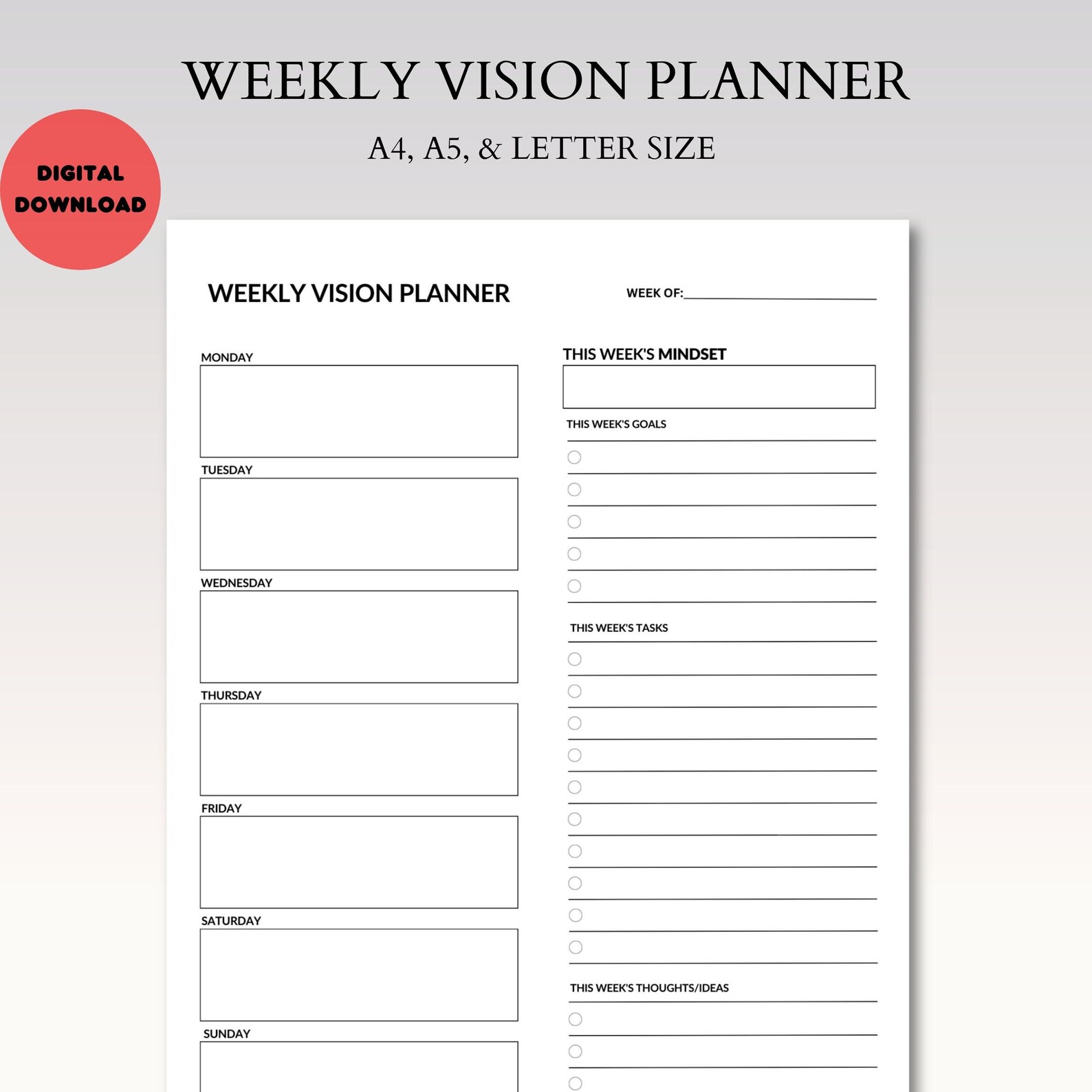 Printable Weekly Planner Weekly Vision Planner Productivity Planner ...