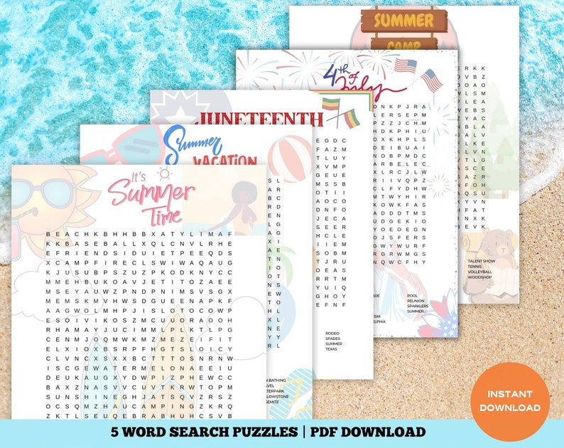 Summer Themed Word Search Printable 5 Word Search Puzzles Summertime ...