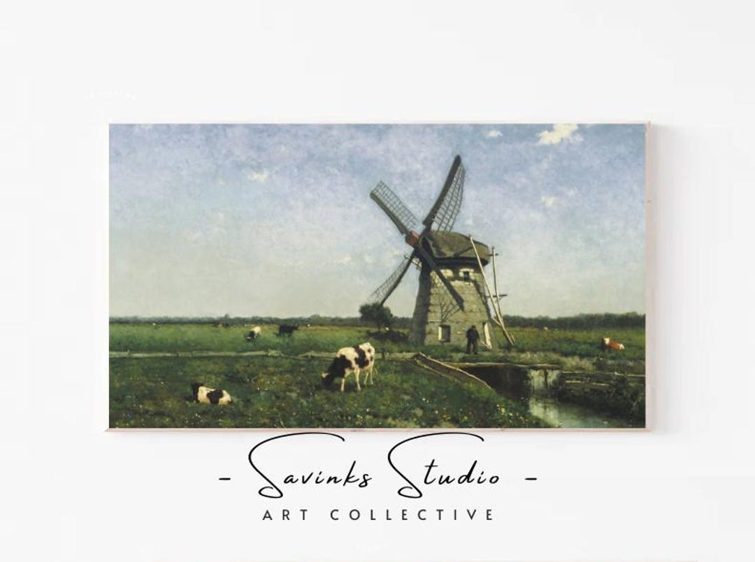 Windmill & Cows Landscape Frame TV Art: Farmhouse Screensaver (digital ...