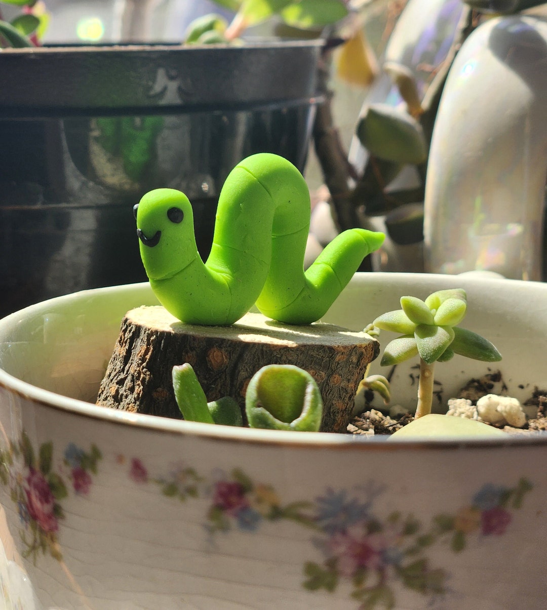Adorable Handmade Green Inch Worm: Smiling Fairy Garden Decor - Etsy
