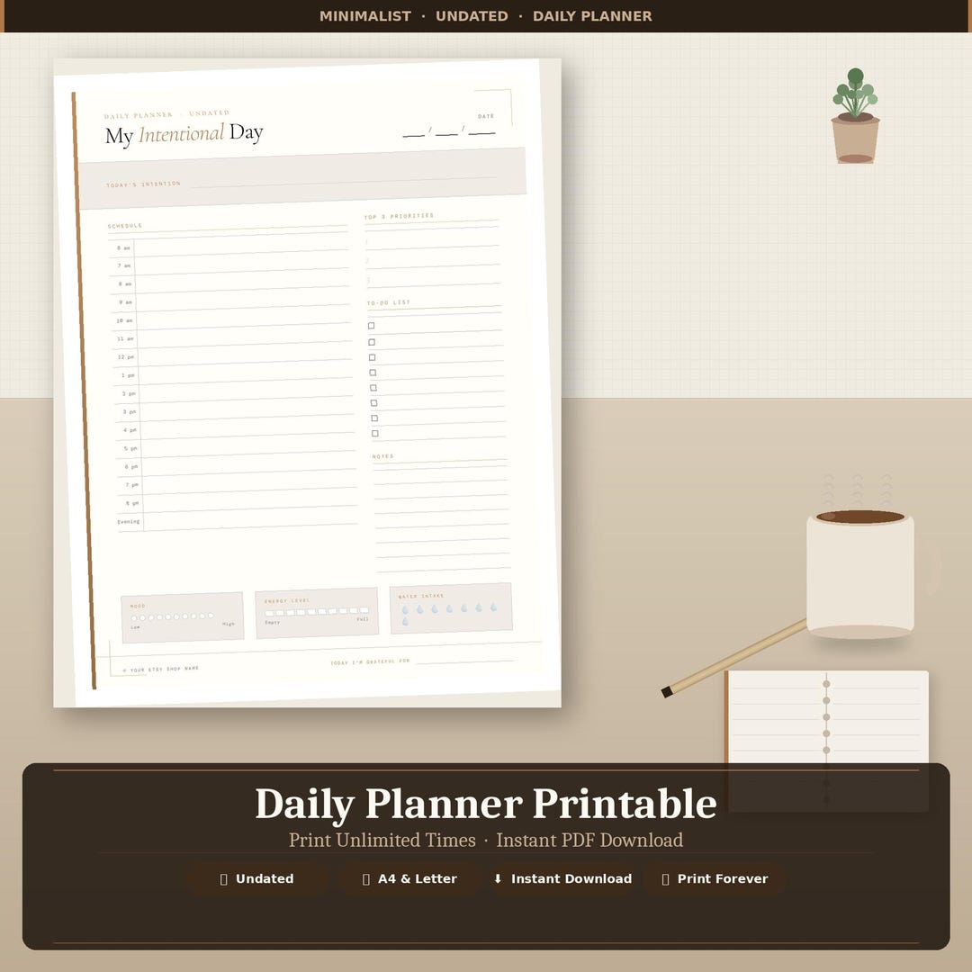 Minimalist Daily Planner Printable | Undated PDF | Daily Schedule, To ...