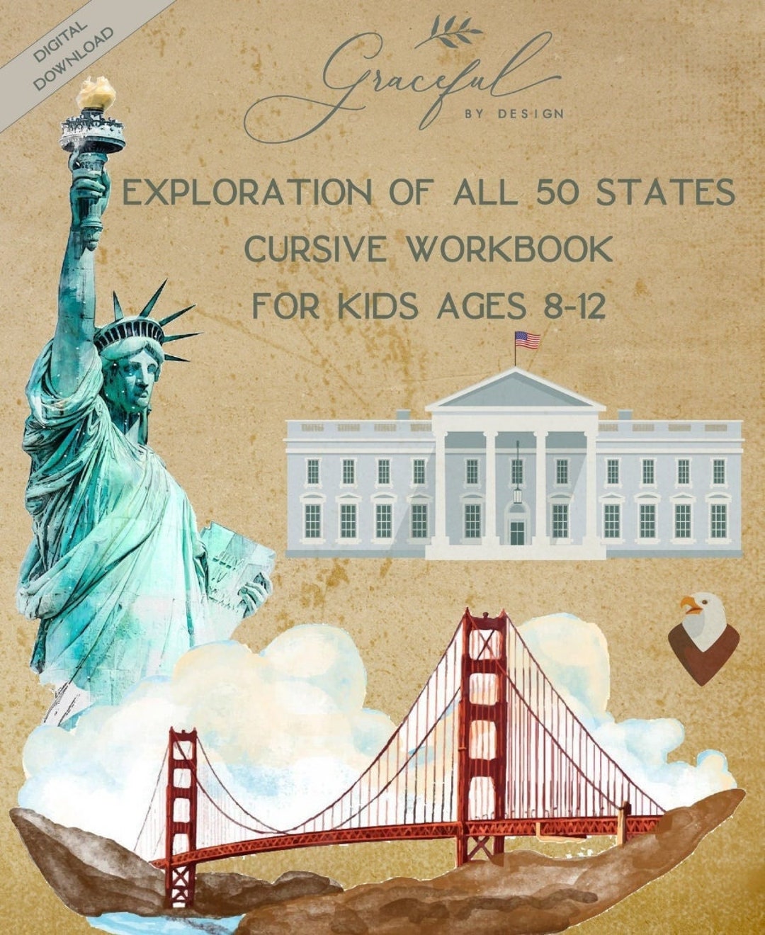 Printable - Exploration of All 50 States Cursive Workbook for Kids Ages ...