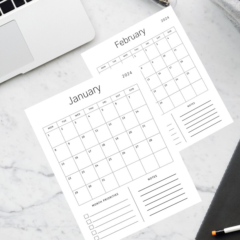 Modèle de calendrier de 12 mois 2024 Calendrier mensuel imprimable ...