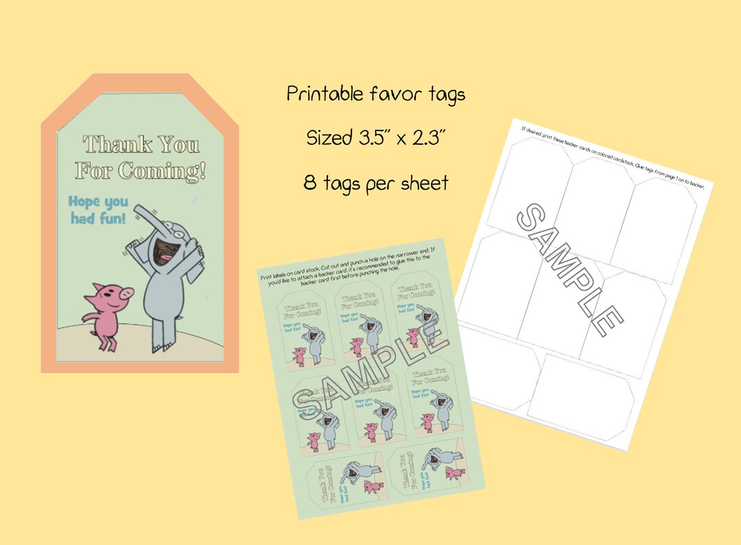 Elephant and Piggie Printable Favor Tags, Thank You Tags, Instant ...