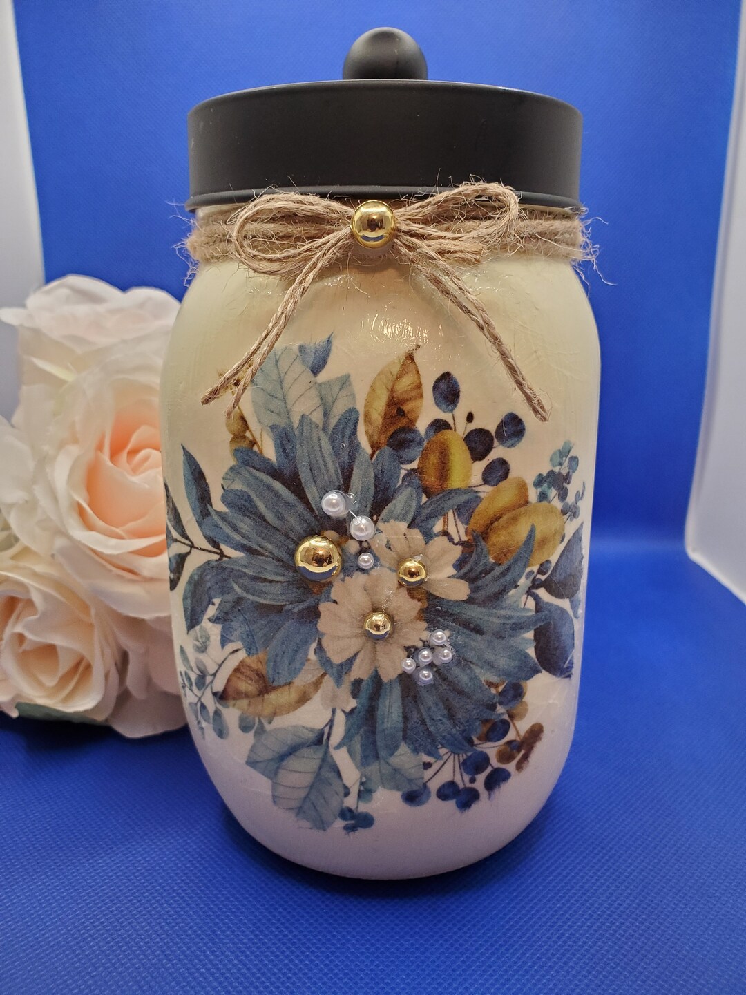 Blue Flower Canister, Yellow Canister, Mason Jar Decor, Coffee Jar, Tea ...