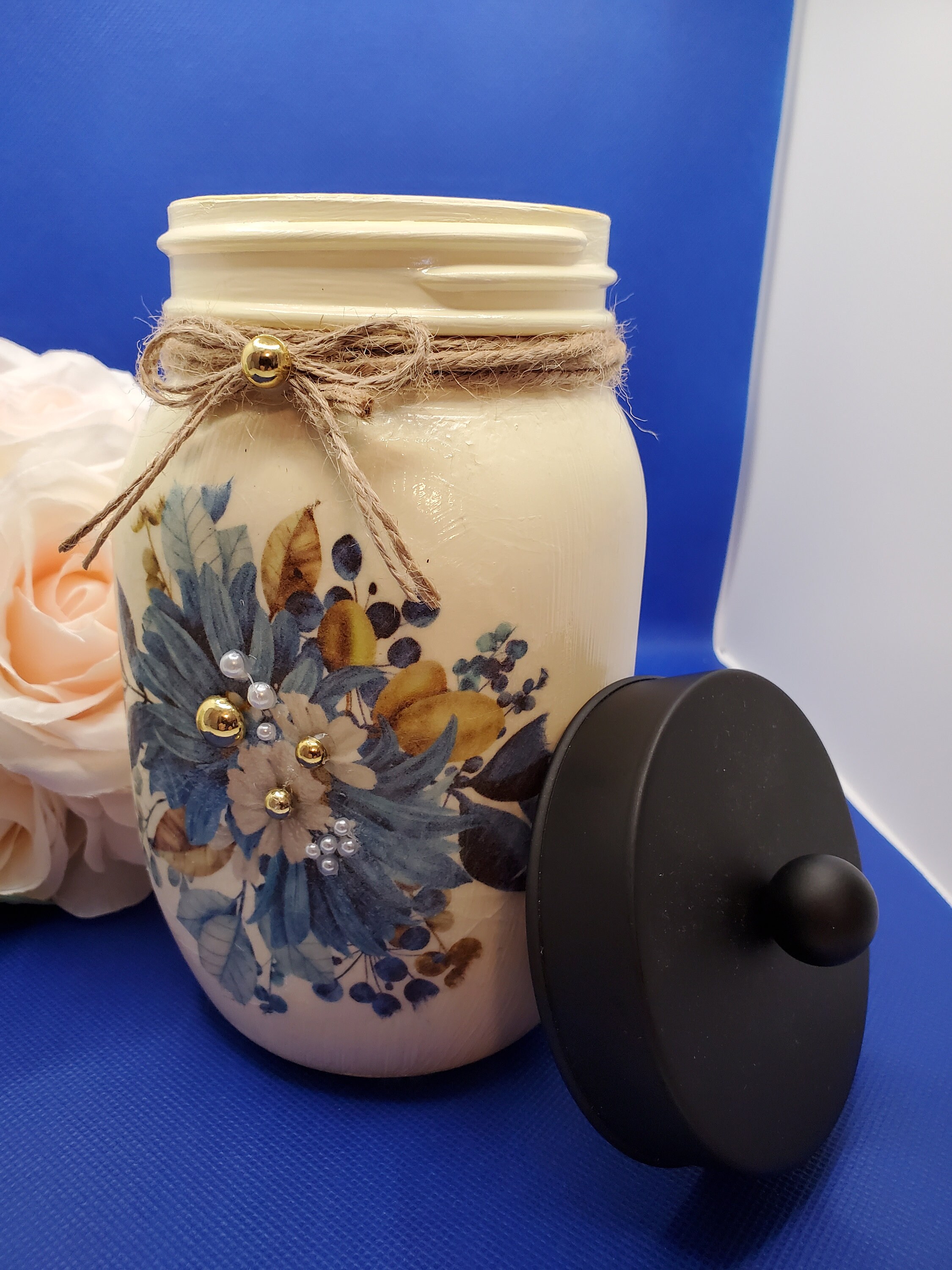 Blue Flower Canister, Yellow Canister, Mason Jar Decor, Coffee Jar, Tea ...