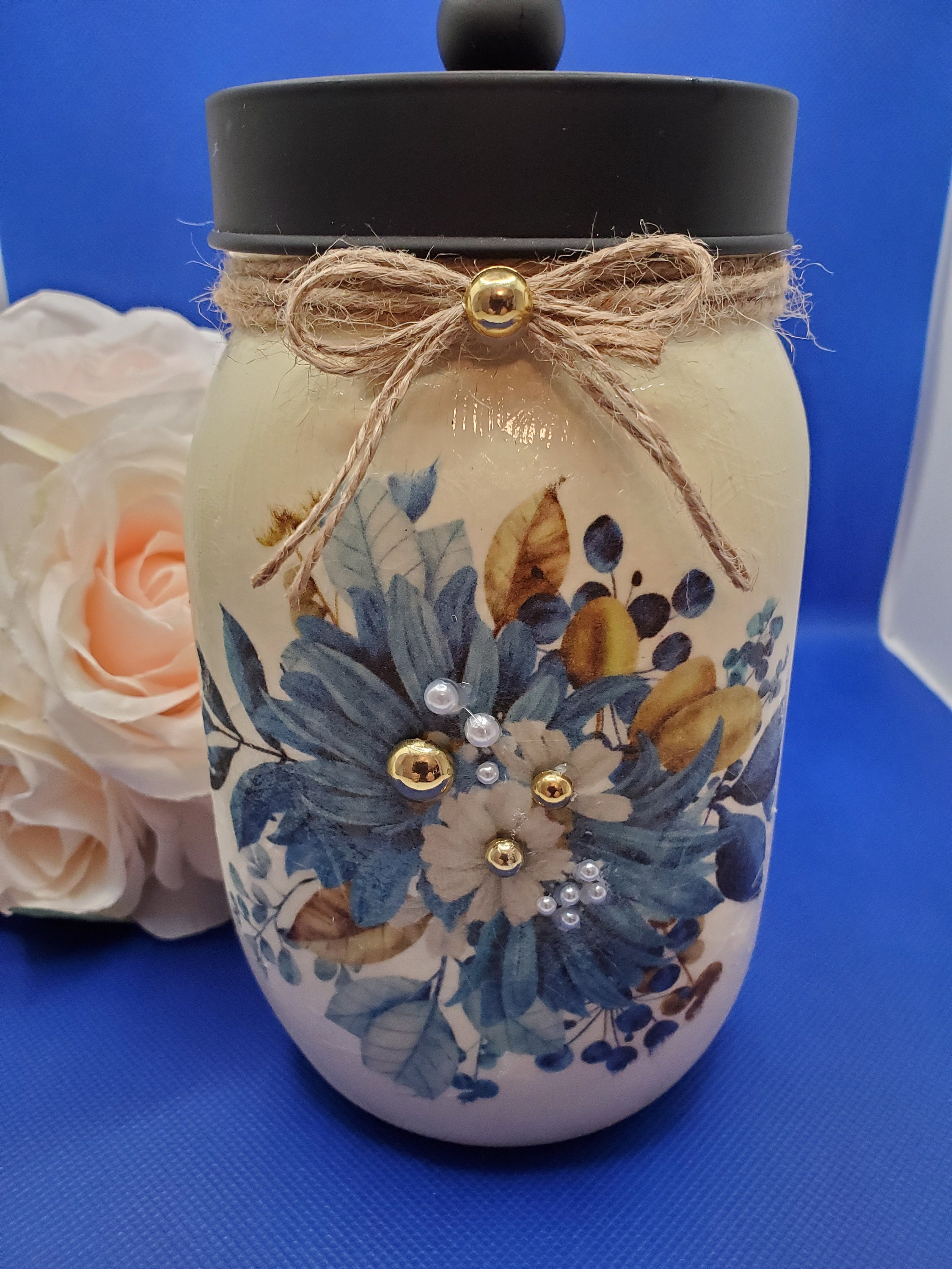 Blue Flower Canister, Yellow Canister, Mason Jar Decor, Coffee Jar, Tea ...