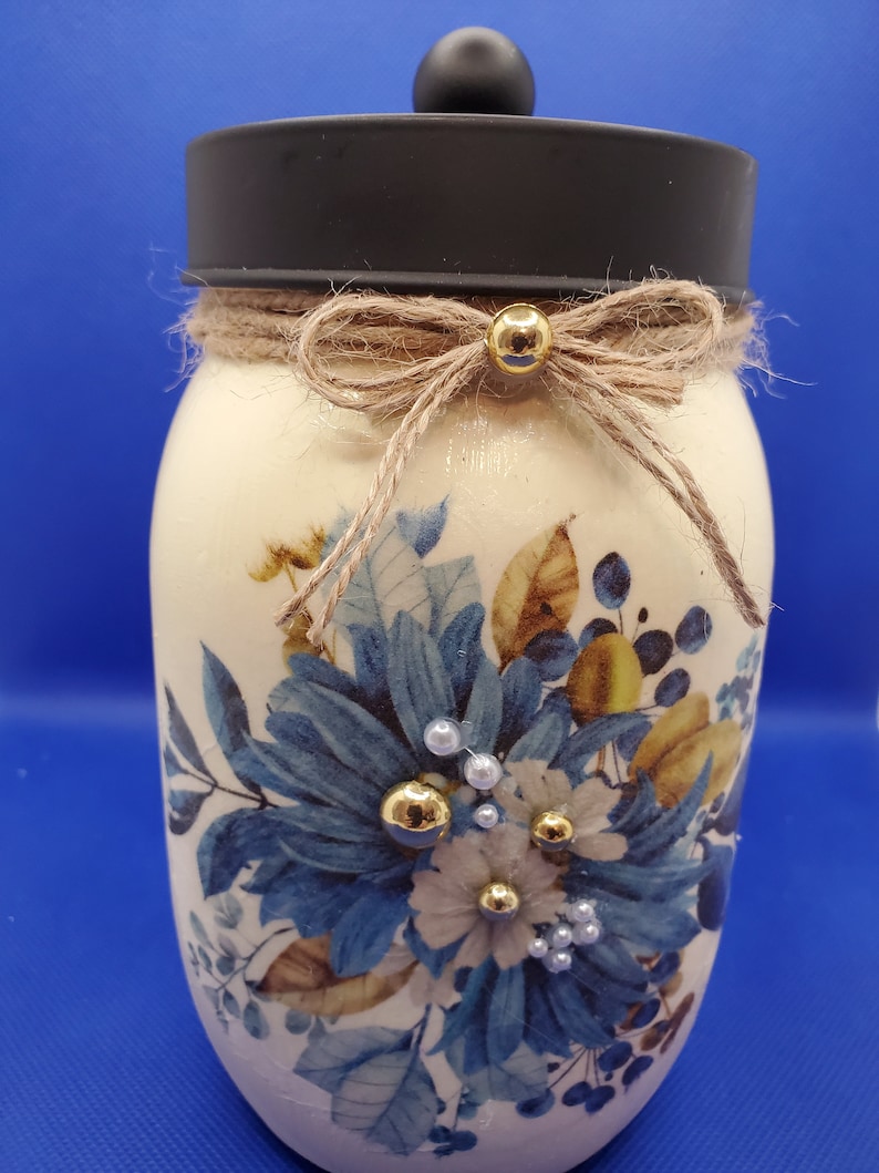 Blue Flower Canister, Yellow Canister, Mason Jar Decor, Coffee Jar, Tea ...
