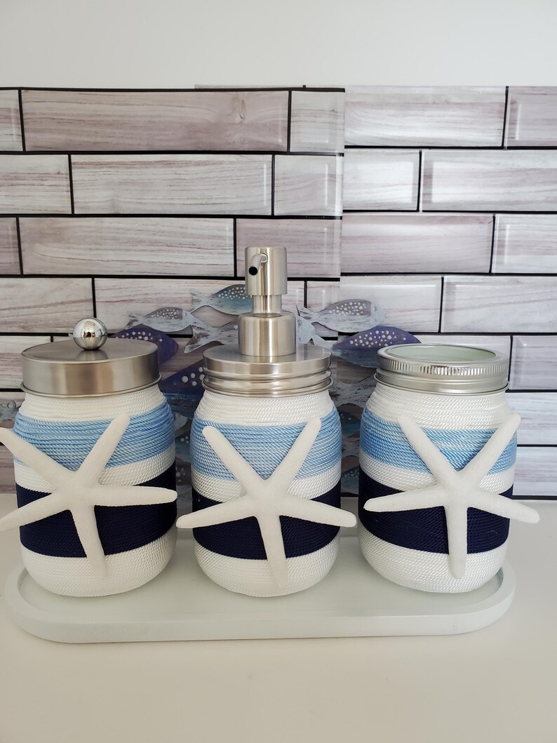 Nautical Bathroom Set, Rustic Coastal Decor, Beach Mason Jar, Nautical ...