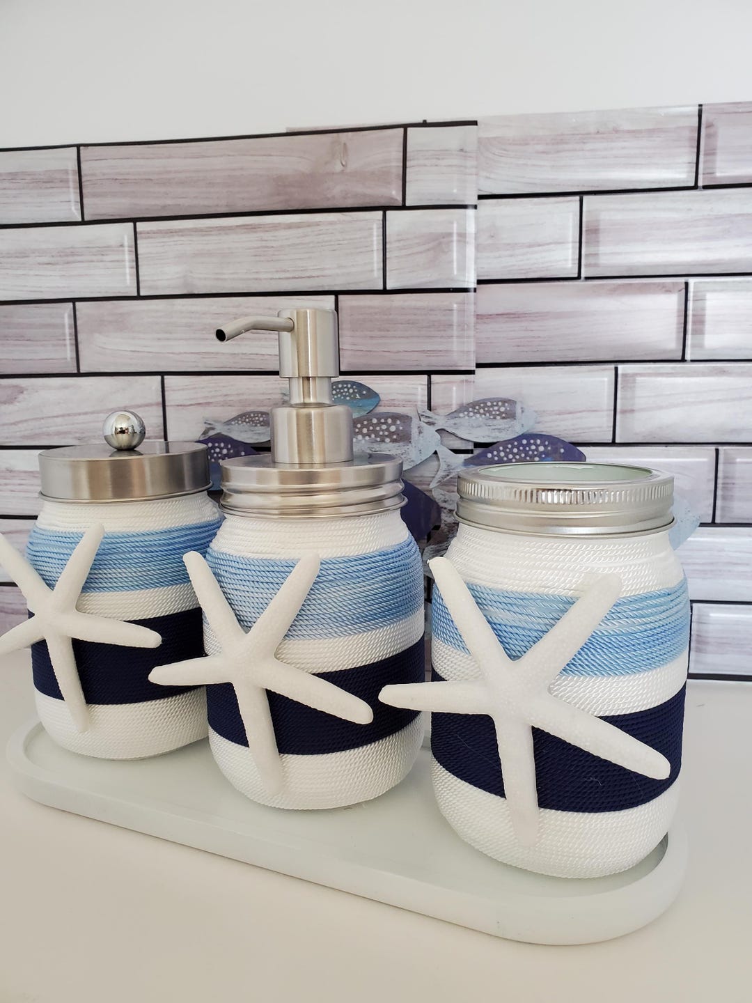 Nautical Bathroom Set, Rustic Coastal Decor, Beach Mason Jar, Nautical ...