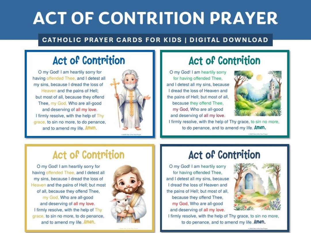 Act of Contrition Prayer Cards for Kids, Catholic Kids Digital Prayer ...