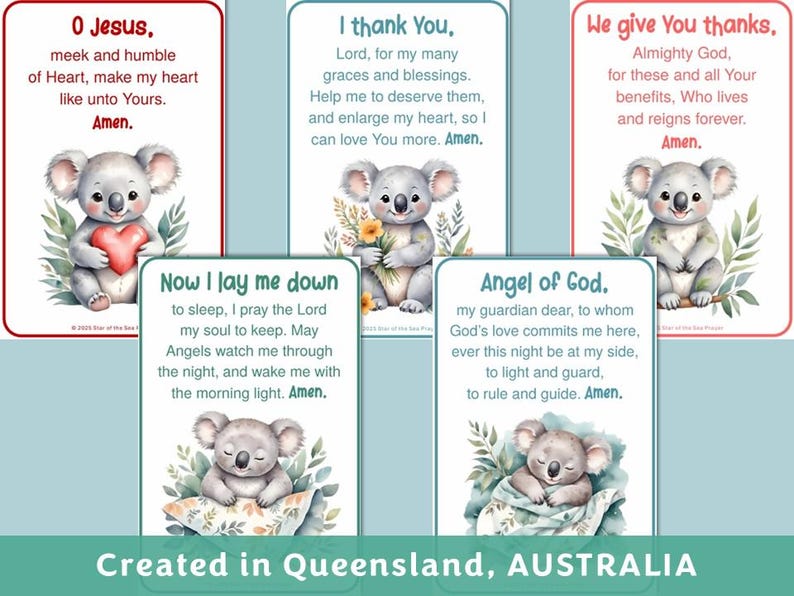 Catholic Prayer Cards for Kids, Preschool Prayers, Cute Koala Digital ...