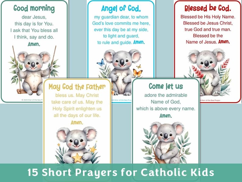 Catholic Prayer Cards for Kids, Preschool Prayers, Cute Koala Digital ...