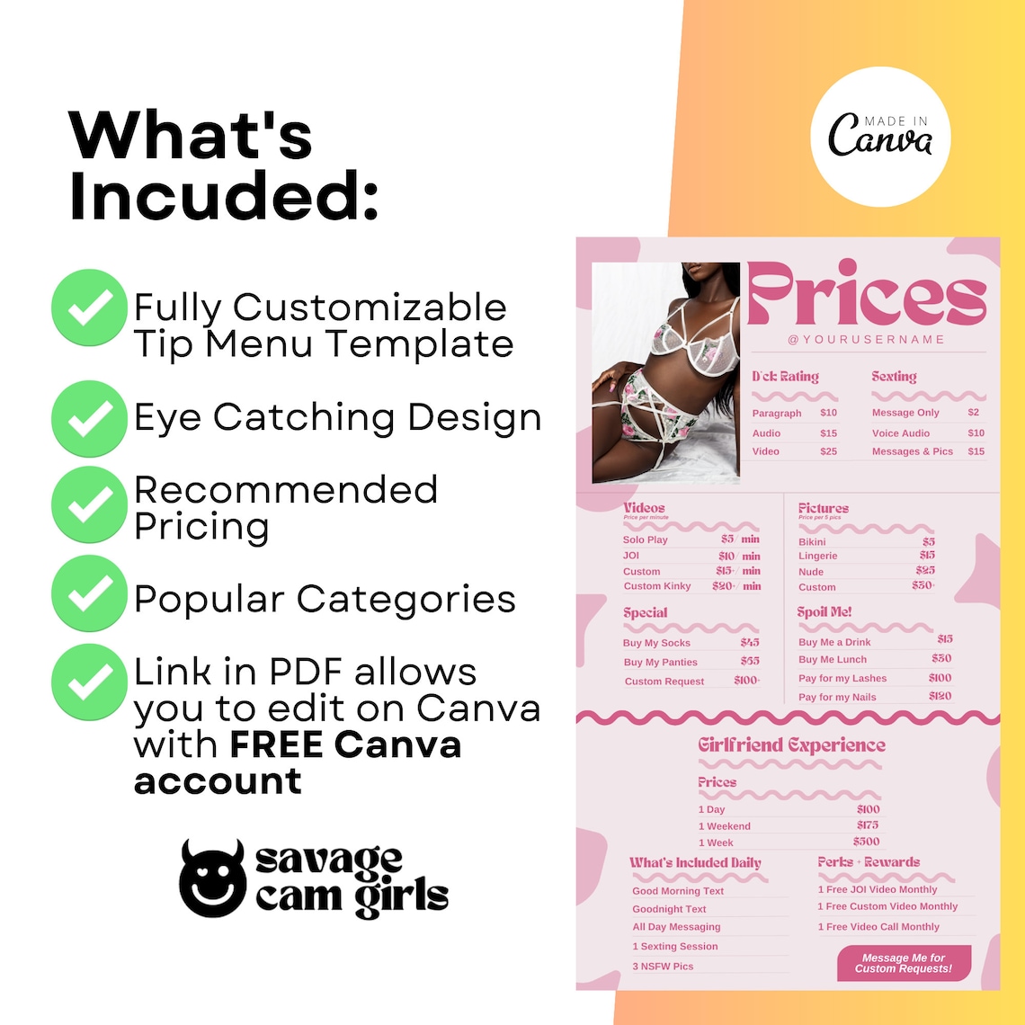 Onlyfans Tip Menu Template for Onlyfans Creators With Girlfriend ...