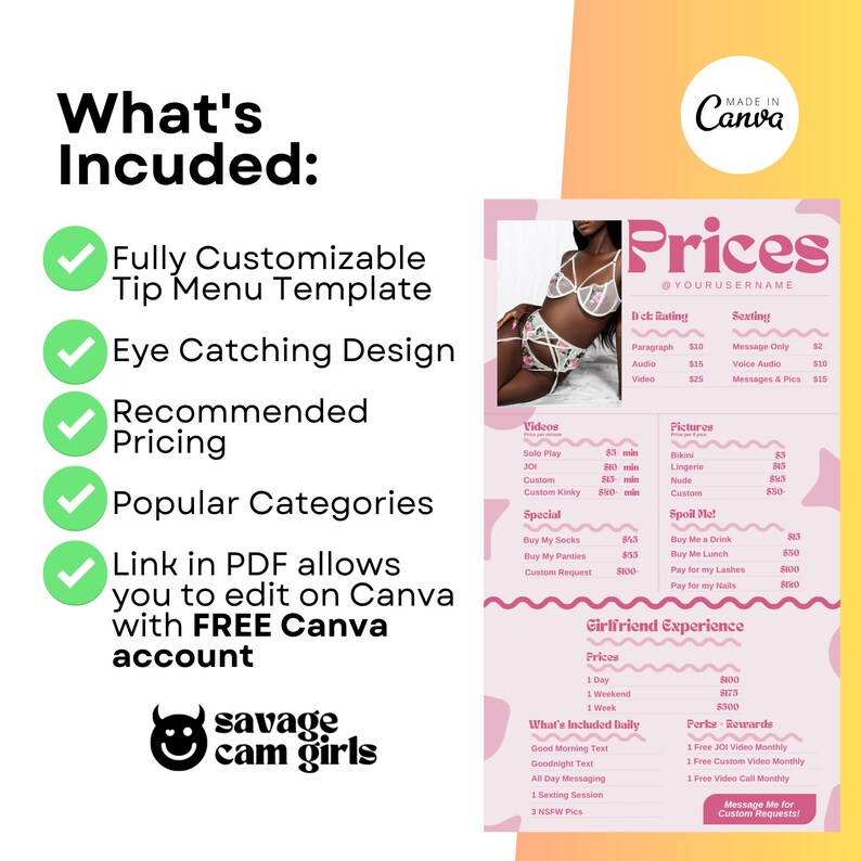 Onlyfans Tip Menu Template for Onlyfans Creators With Girlfriend ...