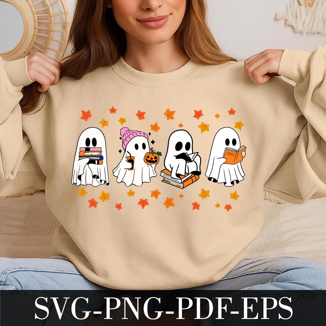 Halloween Reading Ghost SVG PNG, Cute Ghosts With Books Autumn Design ...