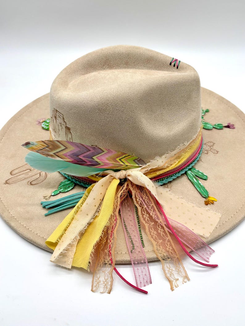 Cream Suede Wide Brim Fedora Hat, Hand-painted Cactus Design, Boho Chic ...