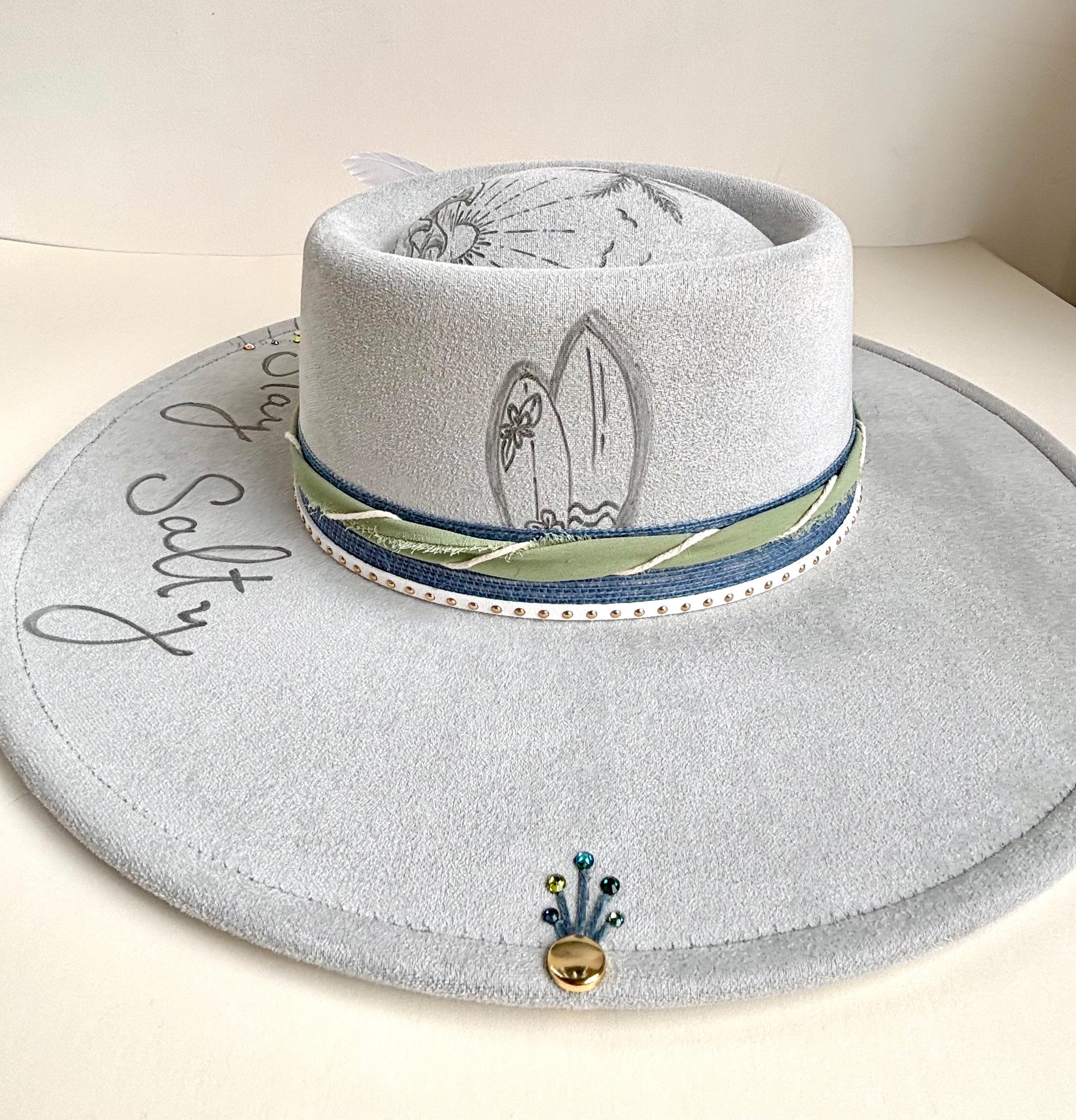 Burned Fedora Hat, Flat Design, Blue Grey Vegan Suede, Dried Flowers ...