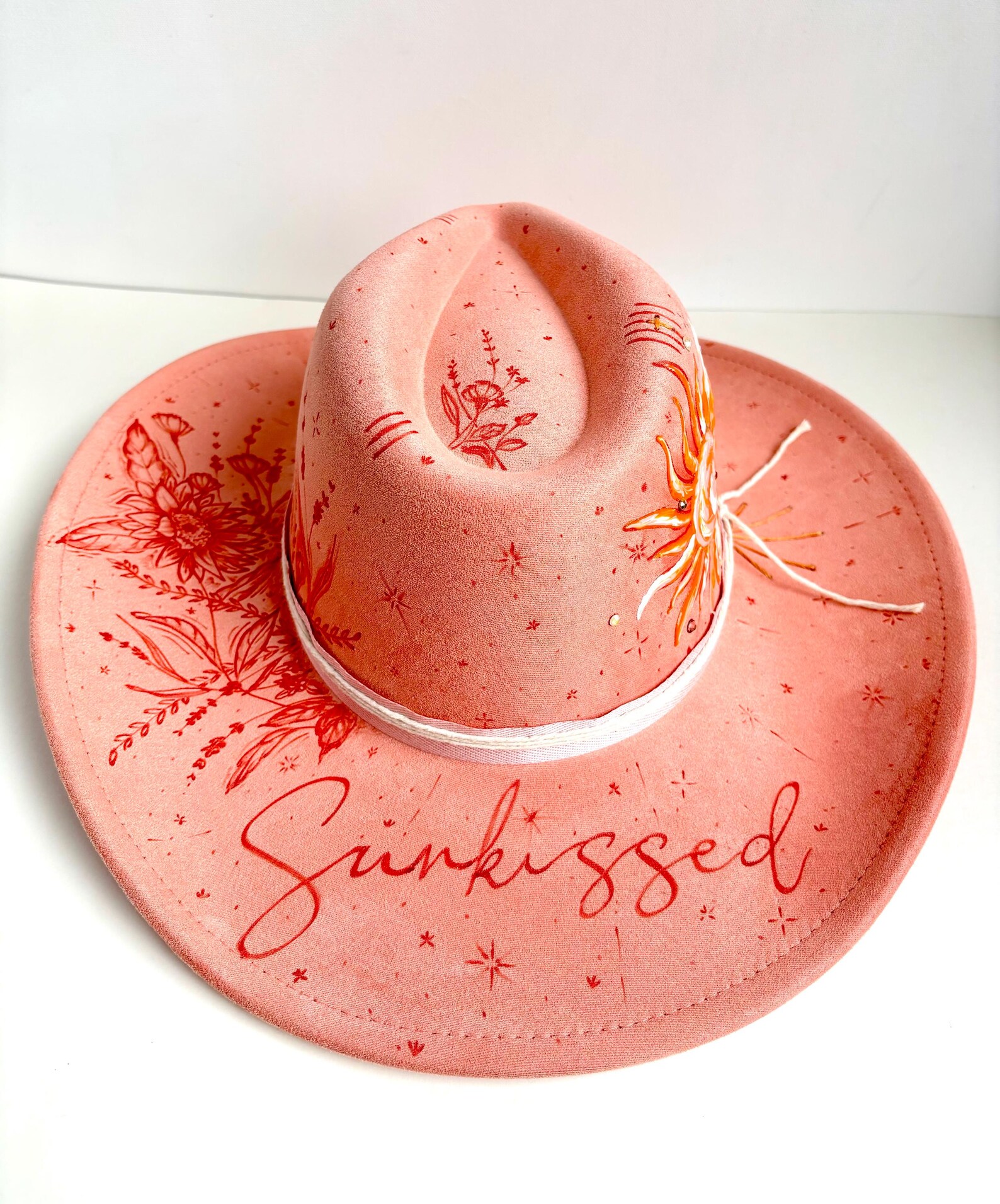 Burned Fedora Hat, Peach Color Vegan Suede, sunkissed Sun, Stars ...