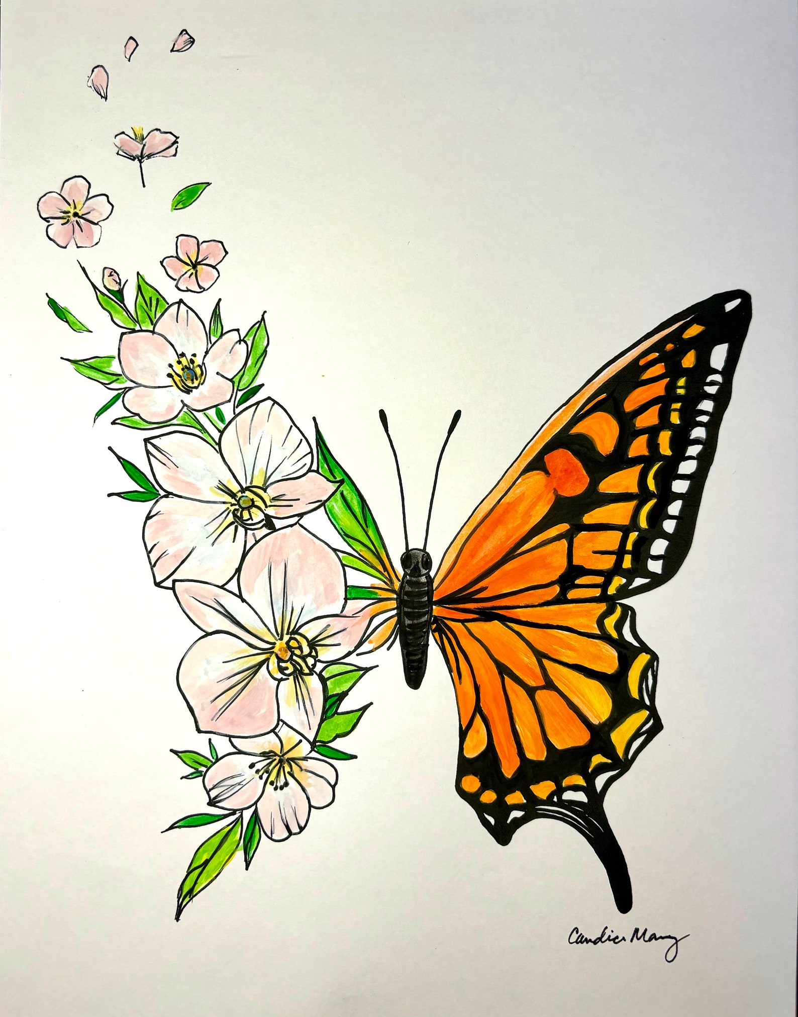 Monarch Butterfly Flower Wing, Watercolor and Ink (three Versions: Pink ...