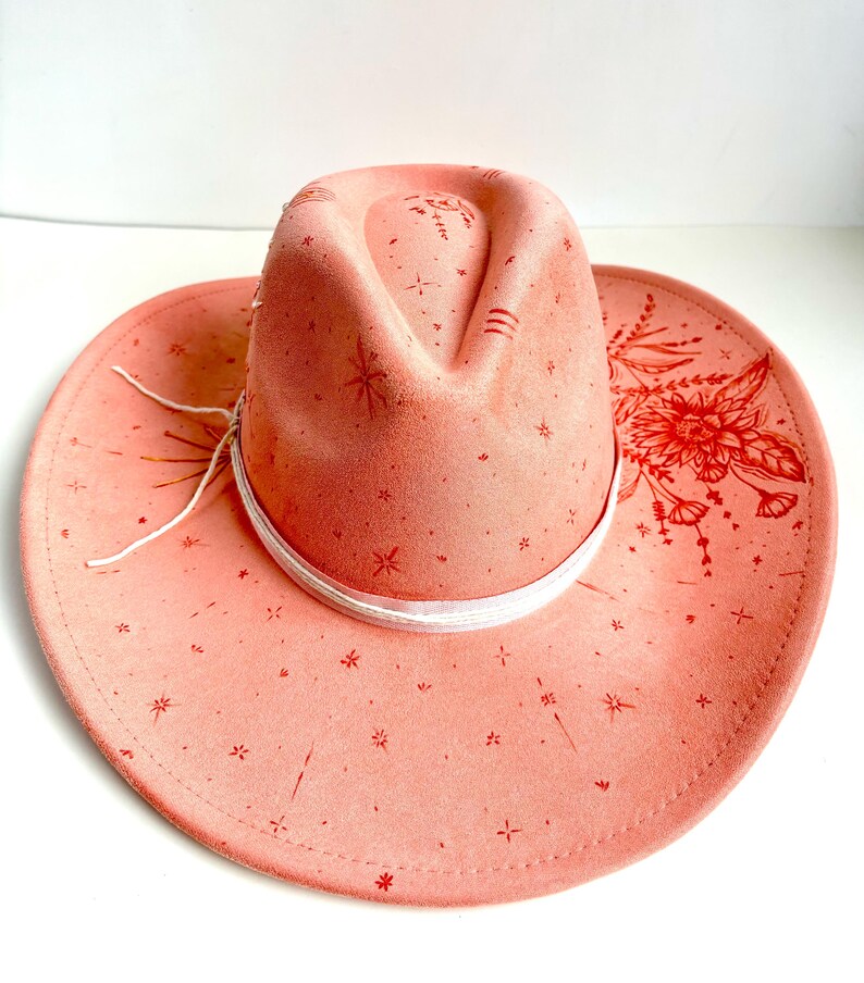 Burned Fedora Hat, Peach Color Vegan Suede, sunkissed Sun, Stars ...