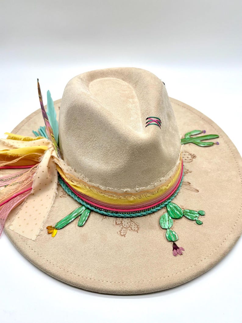Cream Suede Wide Brim Fedora Hat, Hand-painted Cactus Design, Boho Chic ...