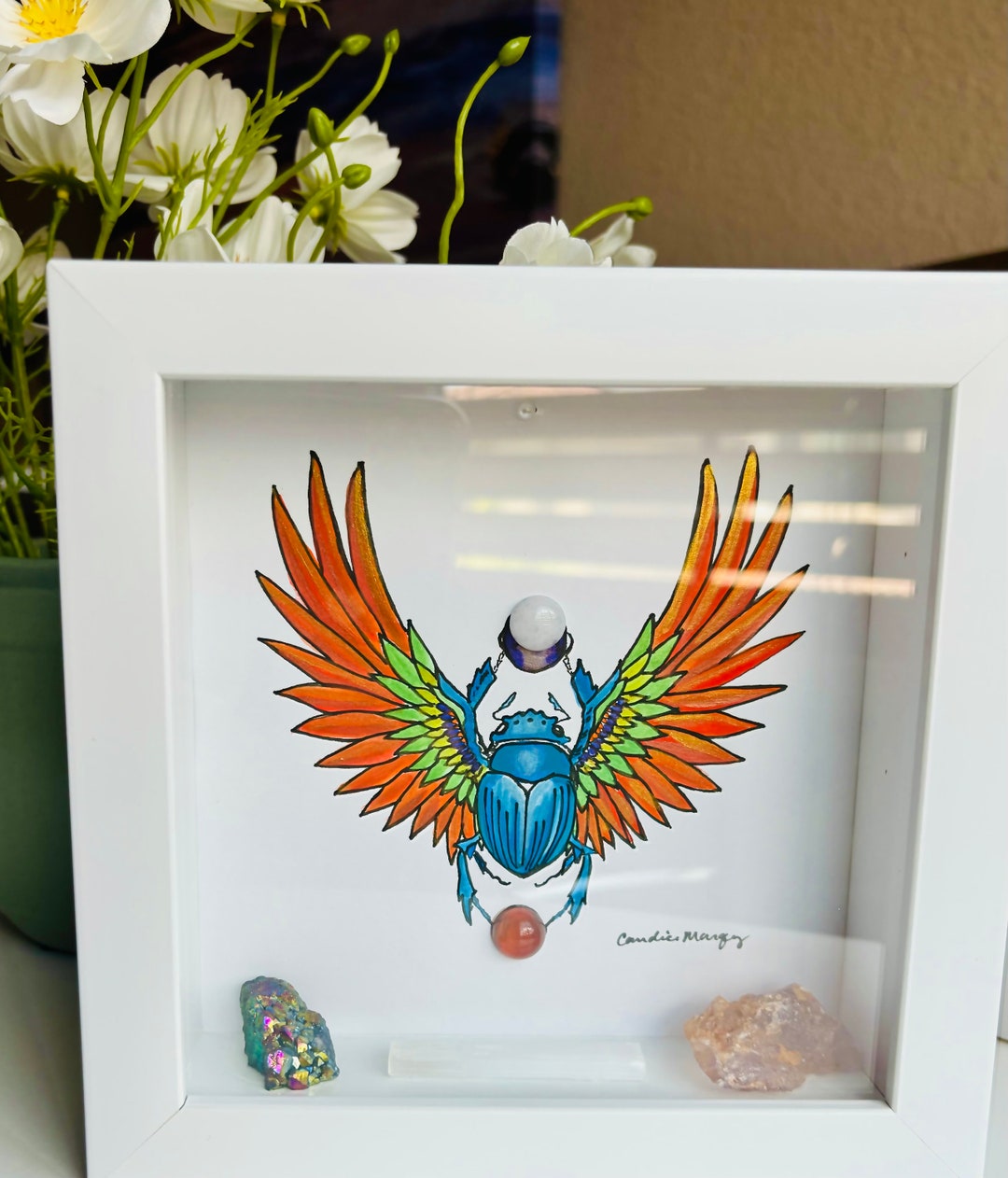 Egyptian Scarab Beetle, Metallic Paint Blue/orange With Crystals 7x7 ...