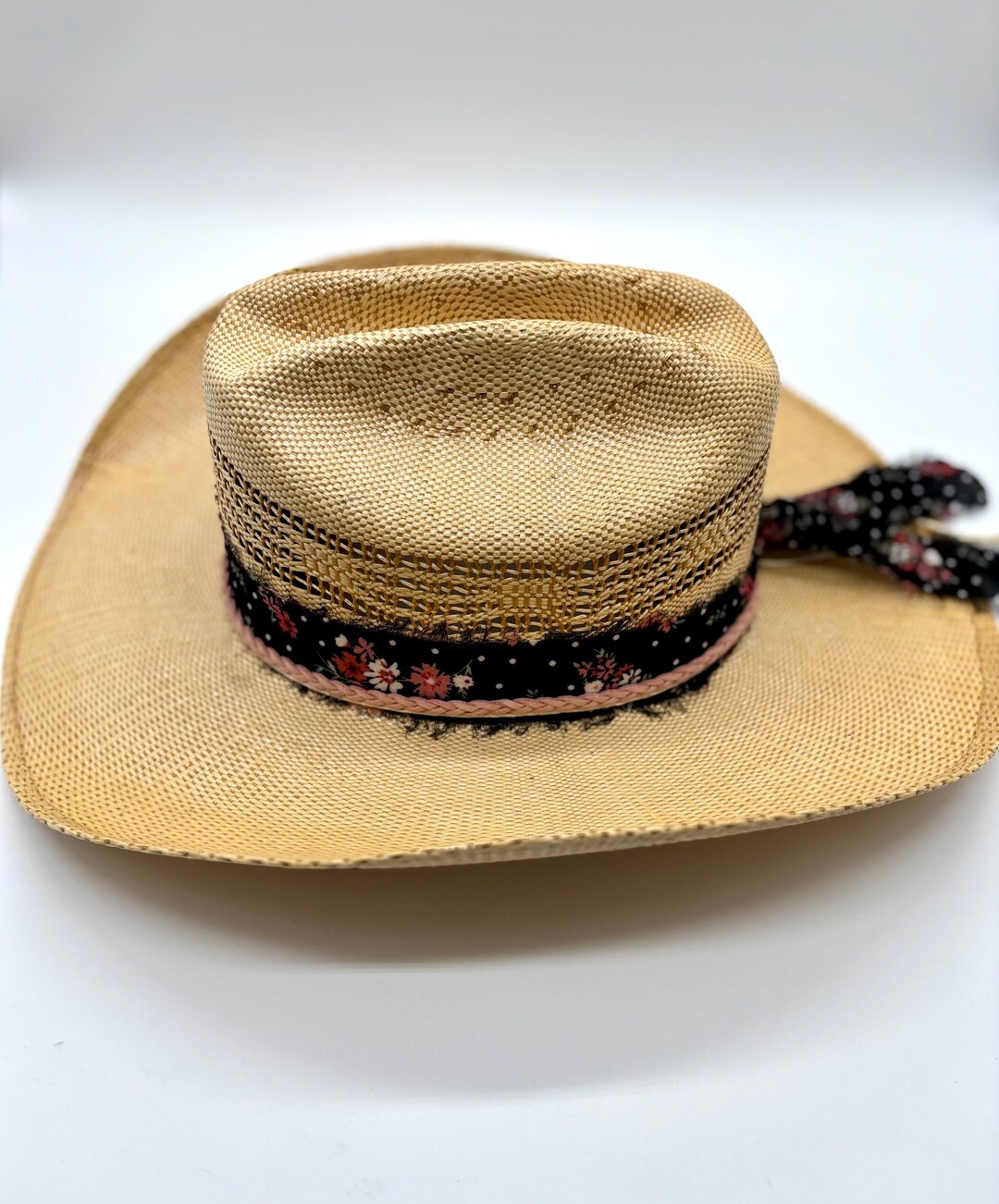 Cowboy Hat: Handwoven Raffia Straw Floral Chiffon, Vegan Suede Band - Etsy