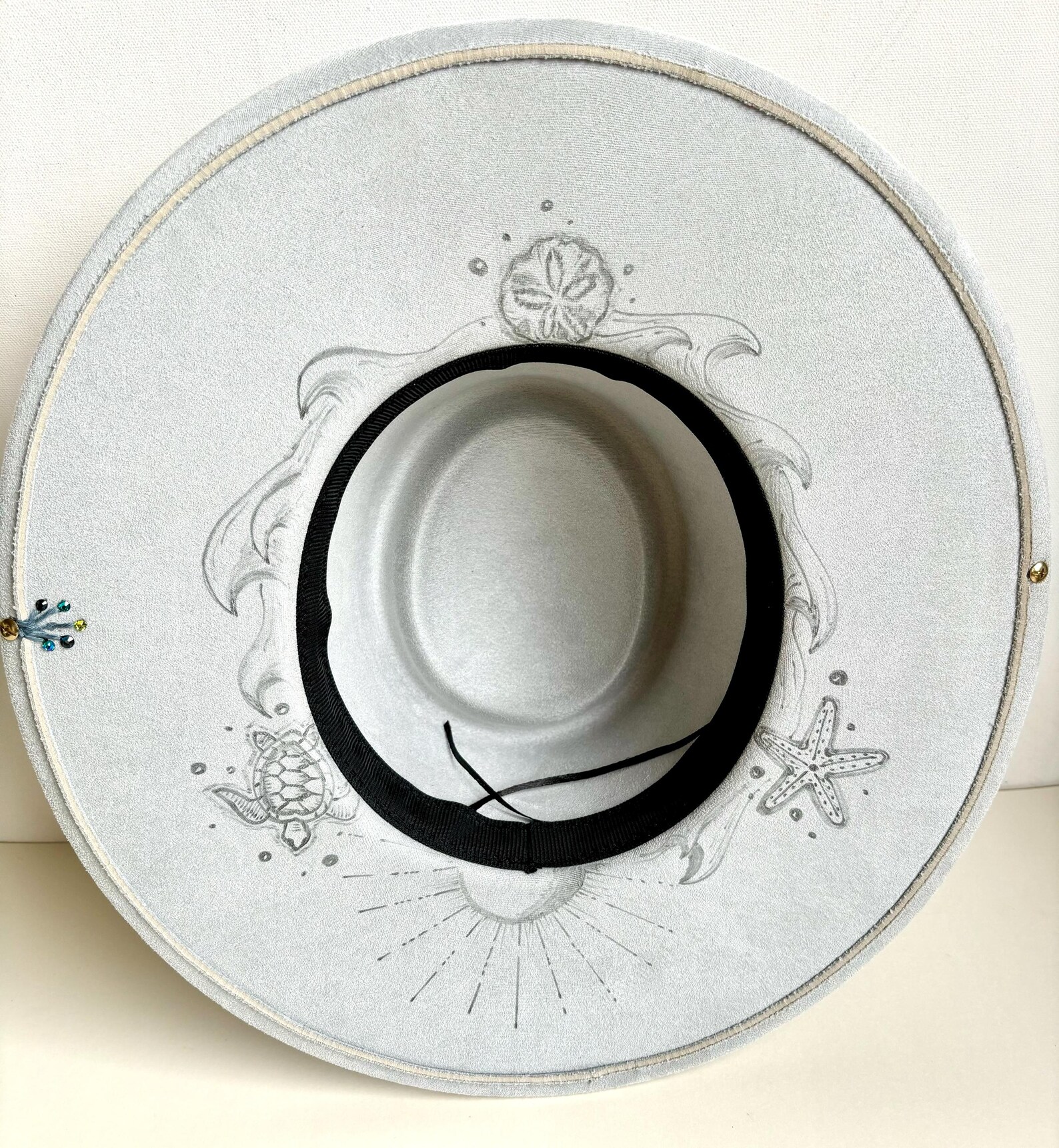 Burned Fedora Hat, Flat Design, Blue Grey Vegan Suede, Dried Flowers ...