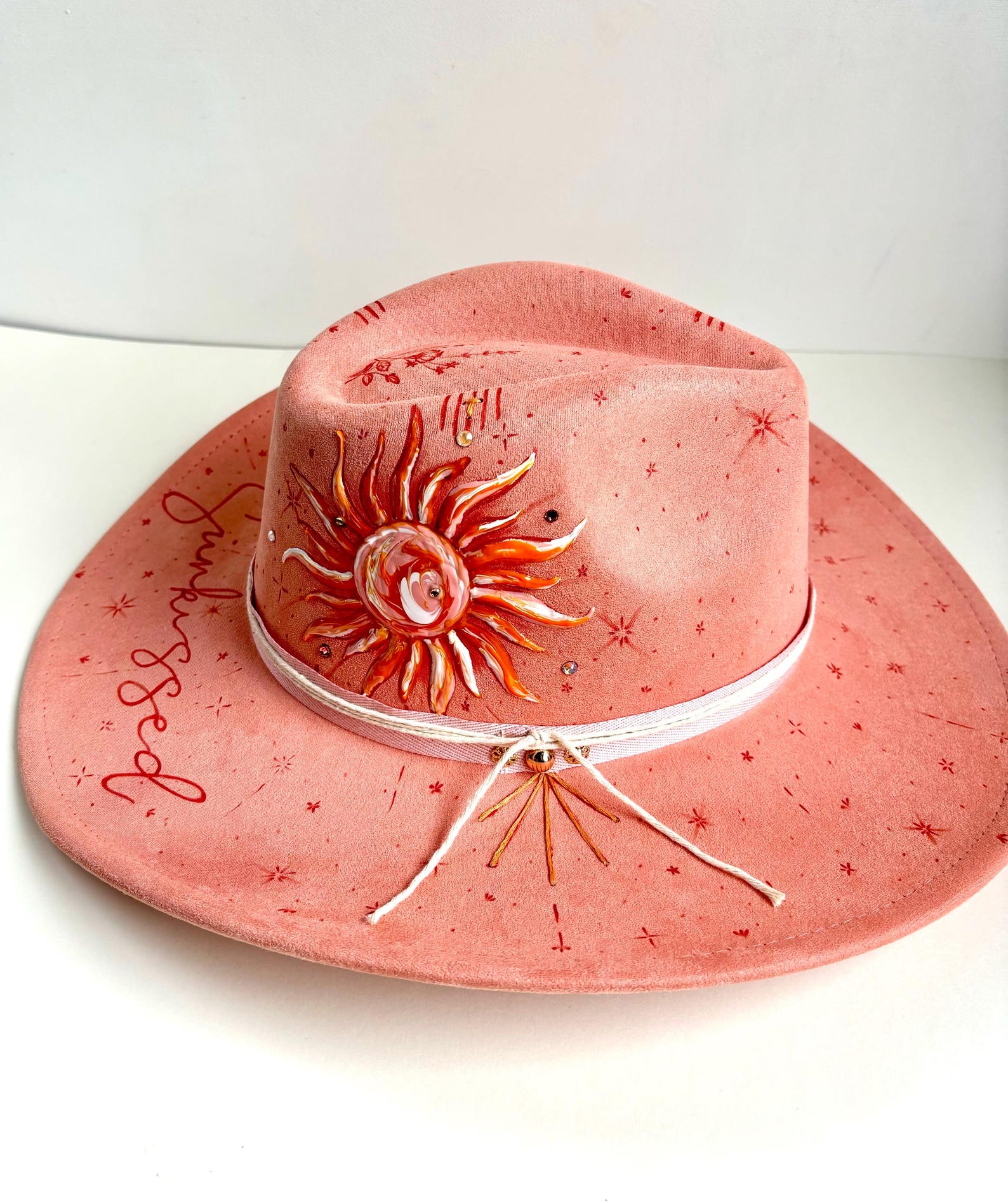 Burned Fedora Hat, Peach Color Vegan Suede, sunkissed Sun, Stars ...