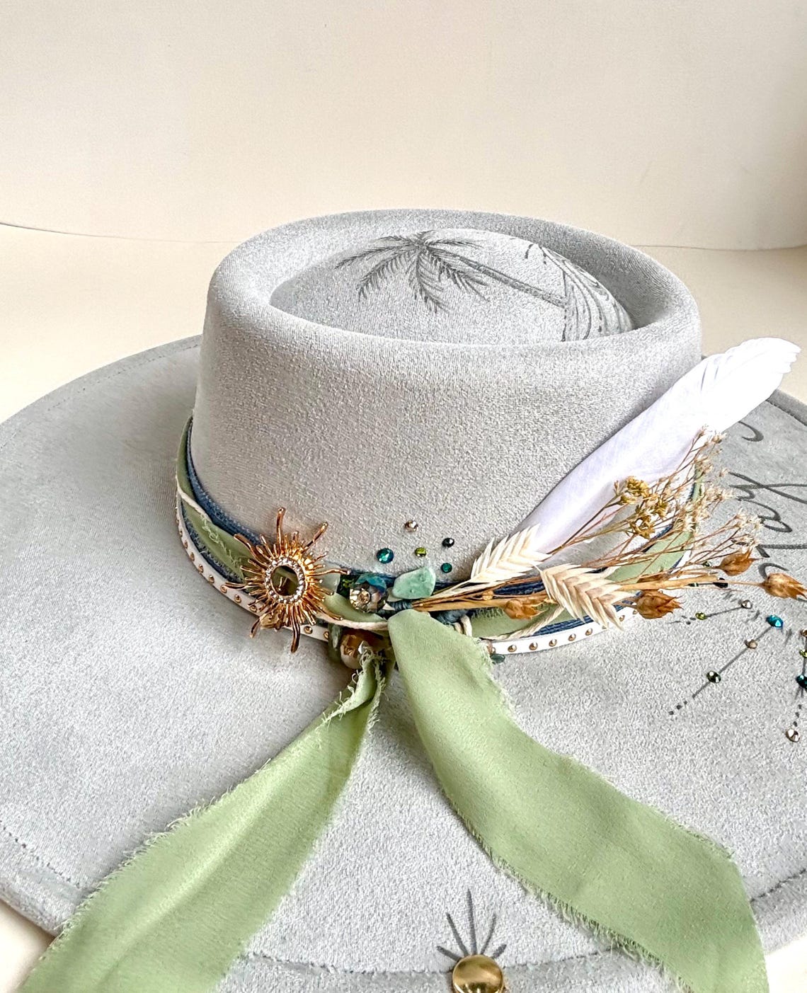 Burned Fedora Hat, Flat Design, Blue Grey Vegan Suede, Dried Flowers ...