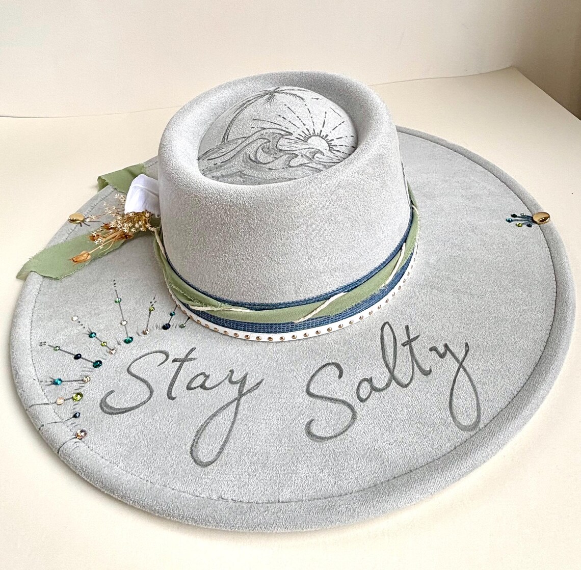 Burned Fedora Hat, Flat Design, Blue Grey Vegan Suede, Dried Flowers ...