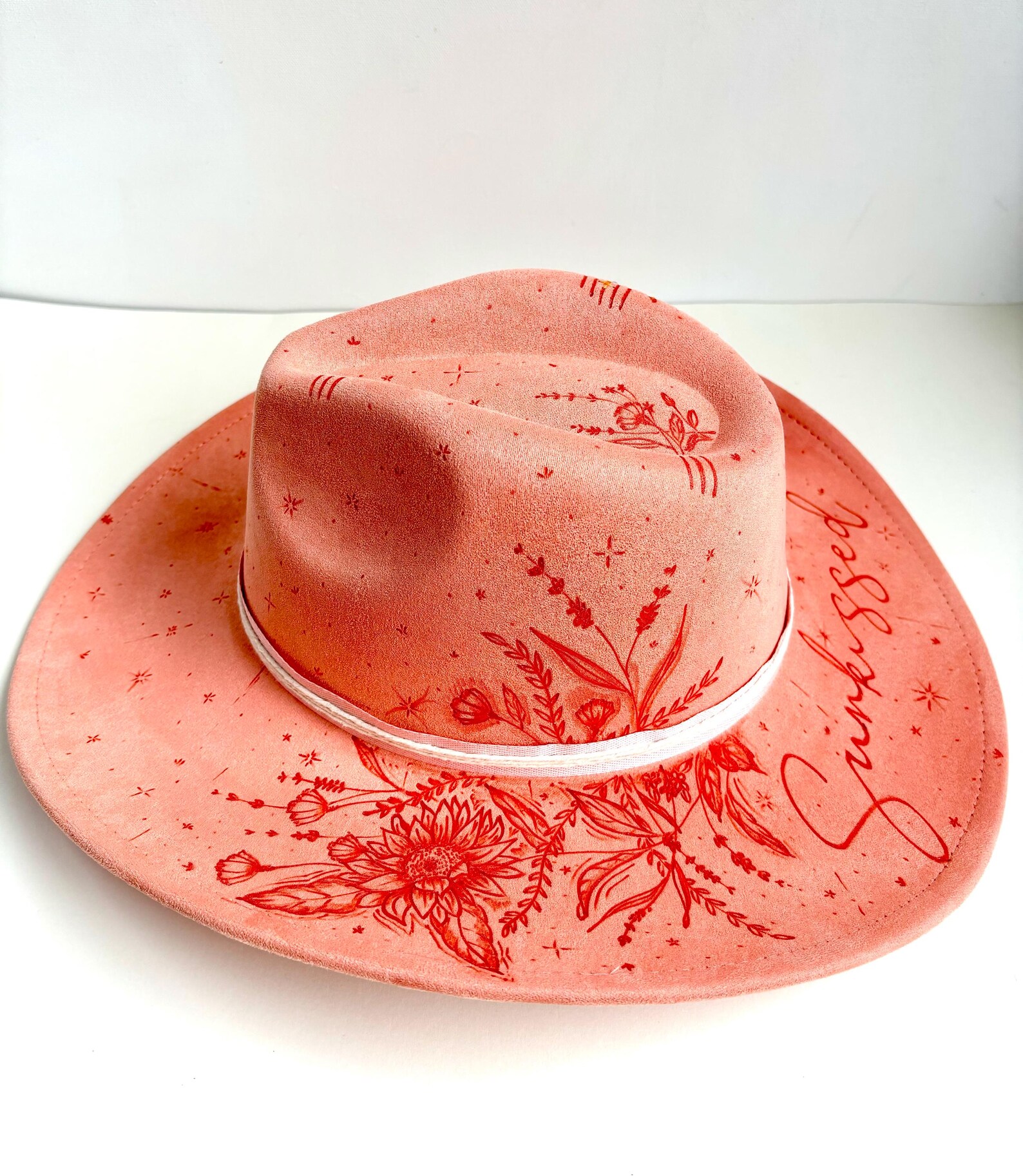 Burned Fedora Hat, Peach Color Vegan Suede, sunkissed Sun, Stars ...
