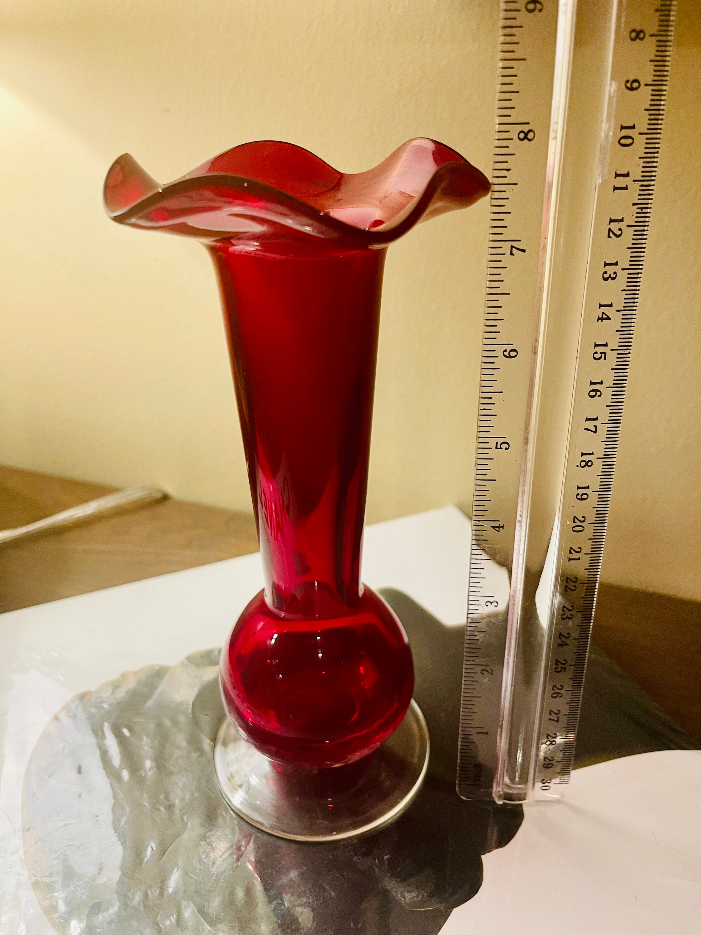 Vintage Art Glass Vase Crackle Bottom Ruby Red Ruffled Top - Etsy