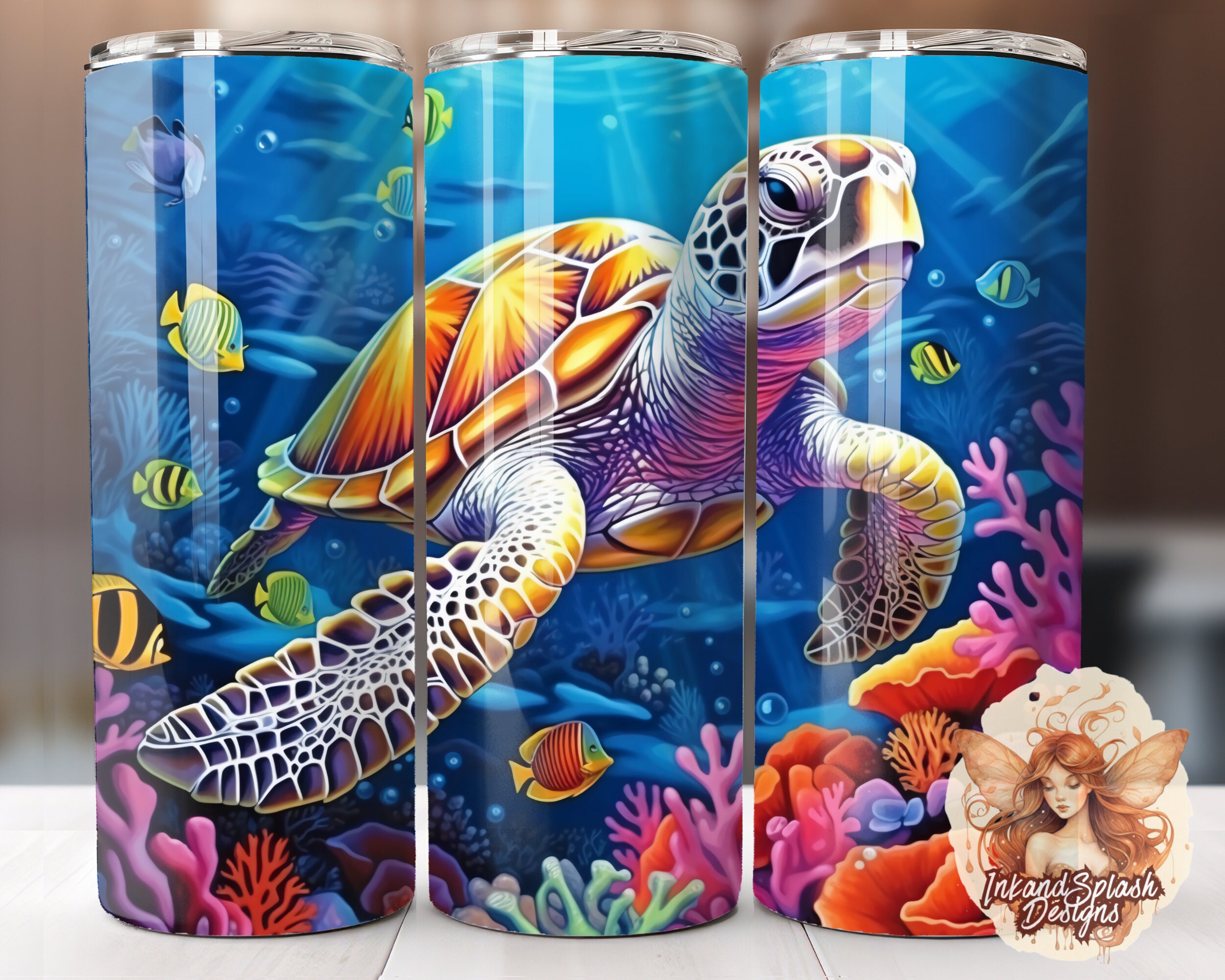 3D Turtle Tumbler Wrap, Colorful Bold Flowers, Sea Turtle, Sublimation ...
