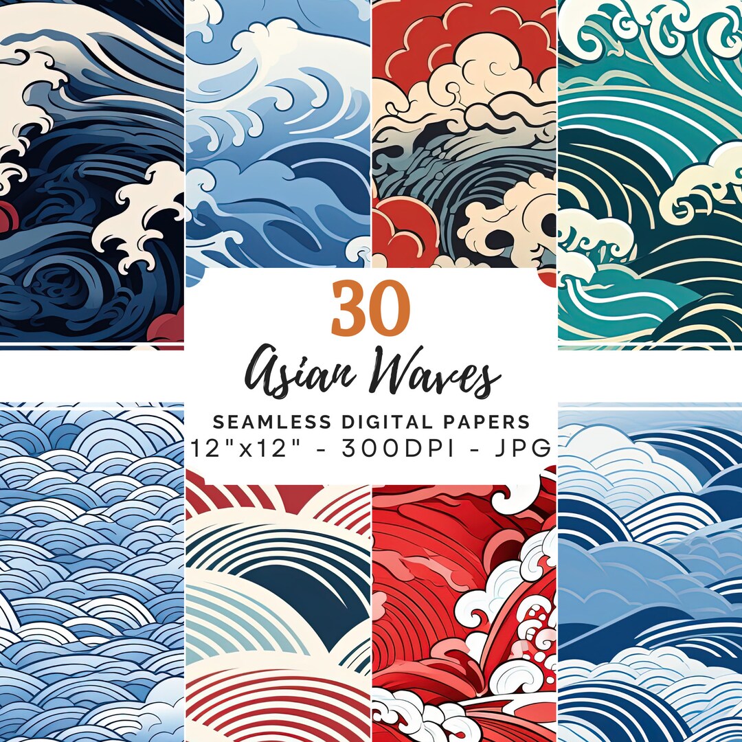 Seamless Asian Waves Digital Paper, Printable Digital Paper, Beach ...