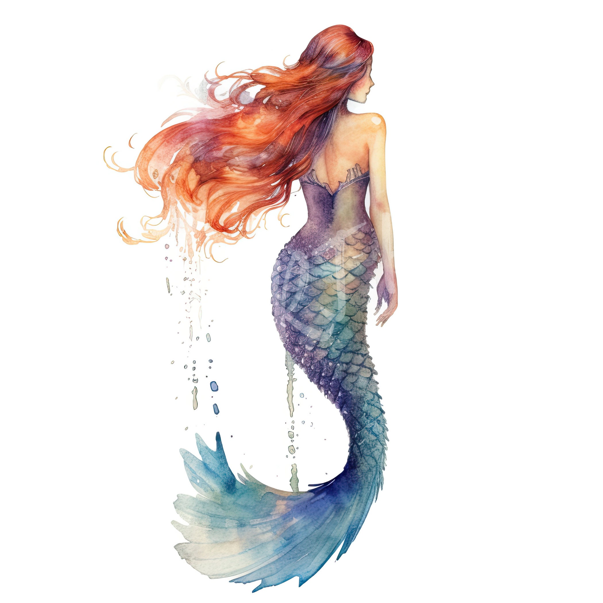 Watercolor Swimming Mermaid Clipart Cute Mermaids Digital - Etsy