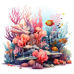 Watercolor Coral Reef Clipart, Ocean Seascape Coral Reefs, High Quality ...
