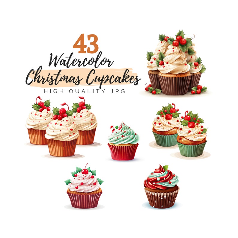 Watercolor Christmas Cupcakes Clipart, High Quality JPG, Digital ...