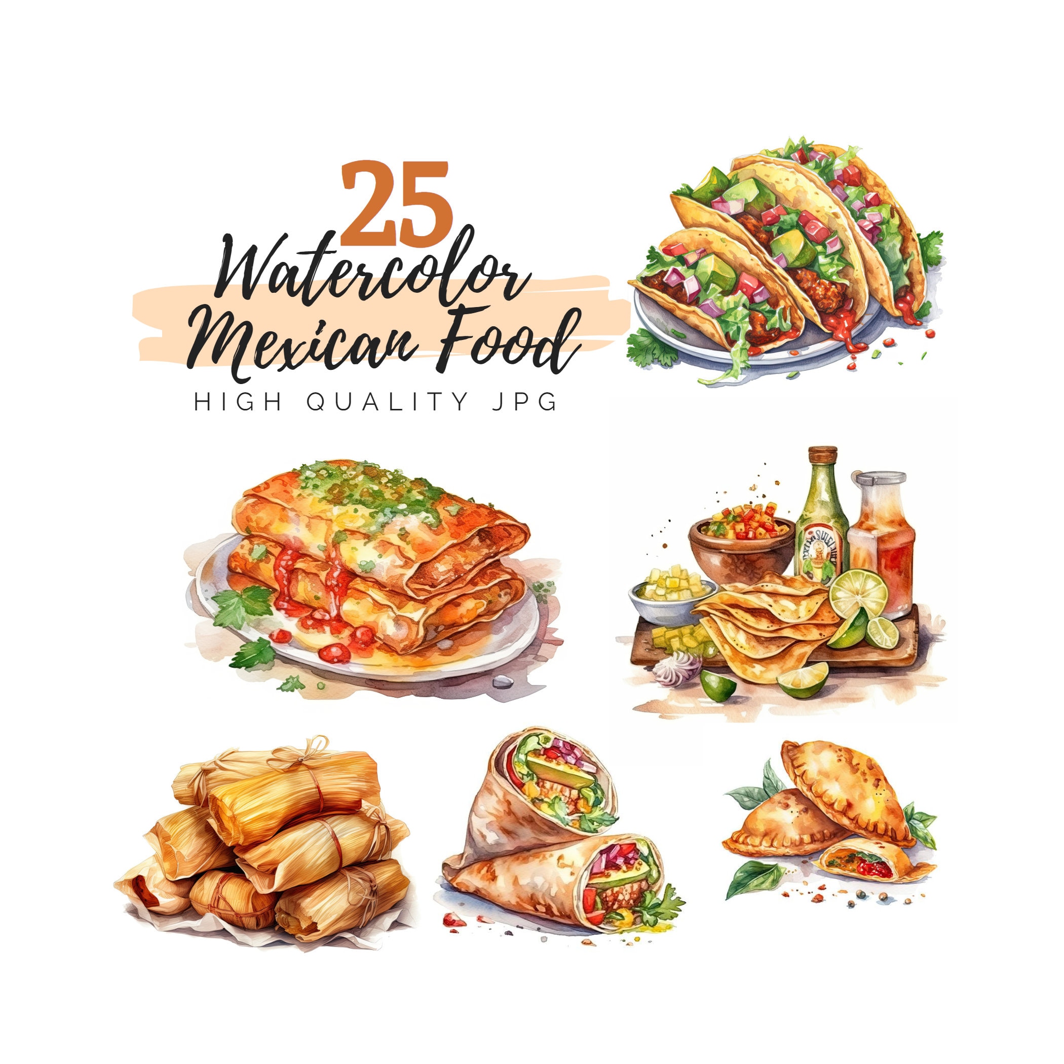 Watercolor Mexican Food Clipart Mexican Clipart Tacos - Etsy