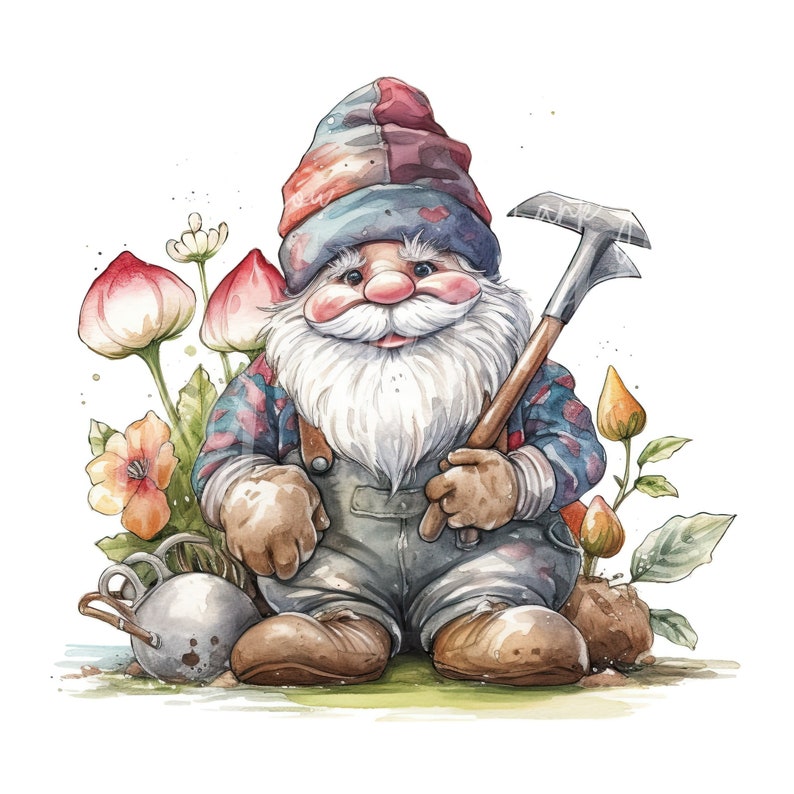 Watercolor Garden Gnome Clipart High Quality JPG Card - Etsy
