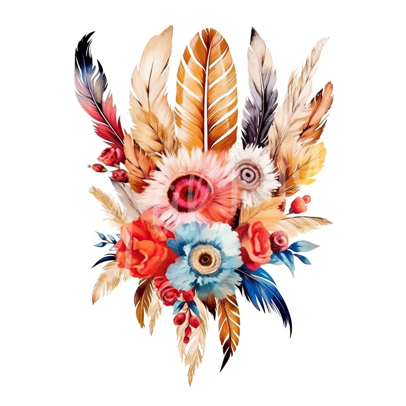 Boho Floral Feathers Bouquet Clipart, High Quality JPG, Digital ...